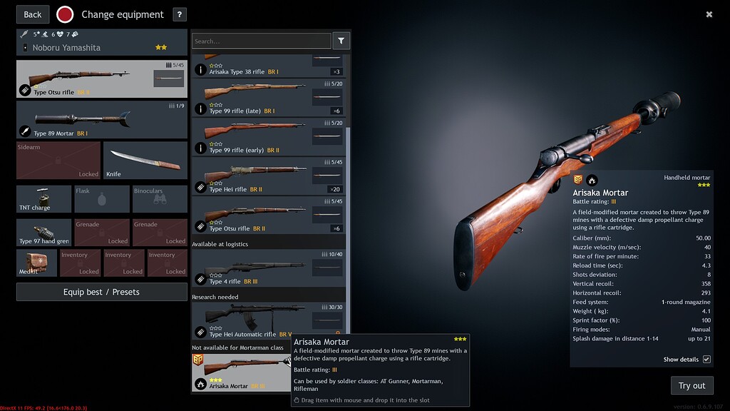 Arisaka mortar cannot be used by mortarman - Japan - Enlisted